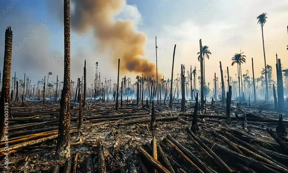 Forest devastation after a wildfire. Burnt trees and debris litter the ...