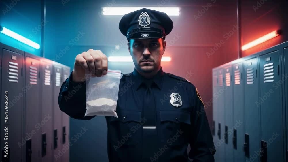 Serious police officer in uniform presents a bag of confiscated white ...