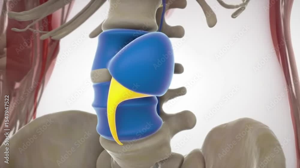 3D render of lumbar disc bulge with blue-yellow spinal nerve ...