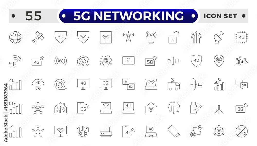5G networking icons set. Set of communication tower, satellite dish ...