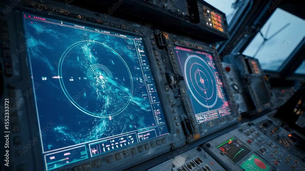 A ships radar interface with a splitscreen design one side displaying a ...