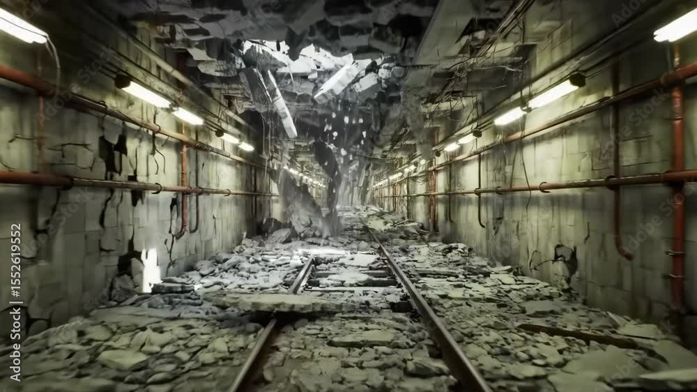 Dramatic underground tunnel collapse with debris on train tracks ...