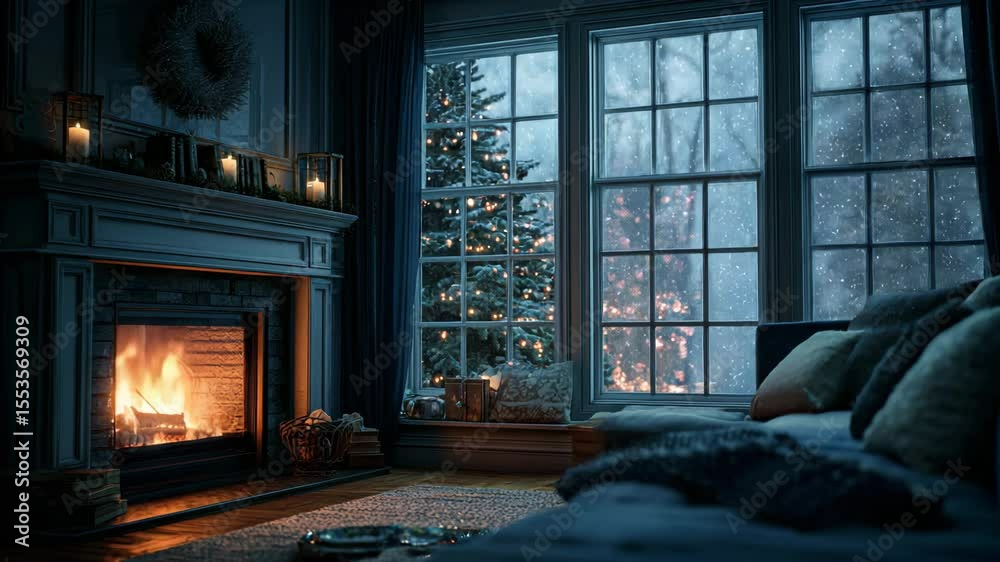 A cozy and peaceful living room on a snowy Christmas night, with a warm ...