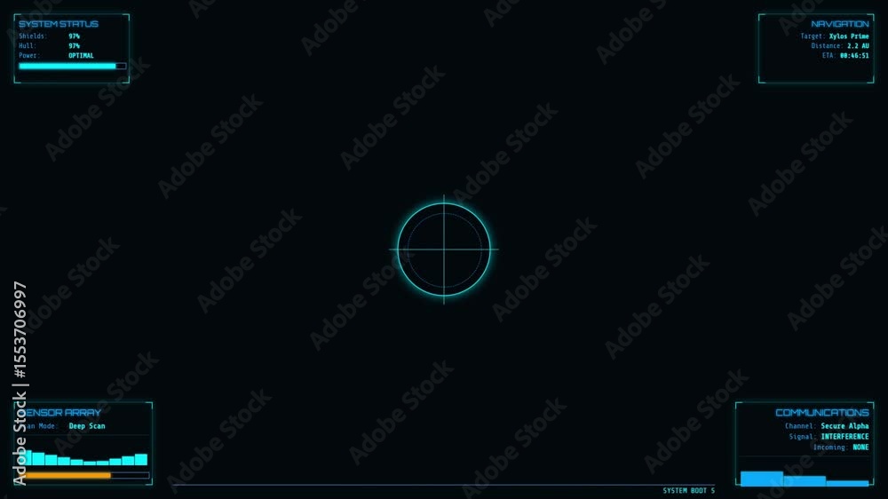 Futuristic spaceship cockpit HUD with an animated targeting reticle ...