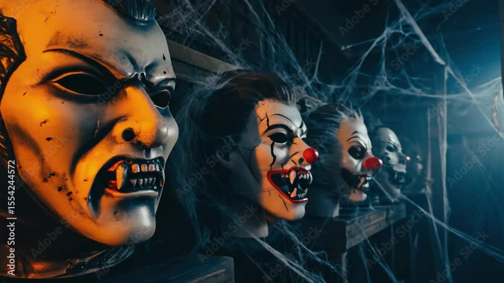 collection of spooky Halloween masks on display, featuring vampires ...