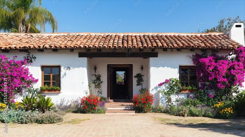 Whitewashed adobe house with terracotta roof, vibrant bougainvillea ...