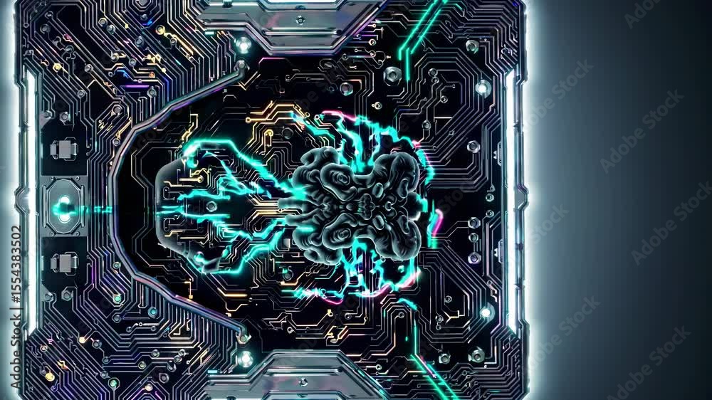 Futuristic chip powered by neural brain shape. Circuit board emits ...