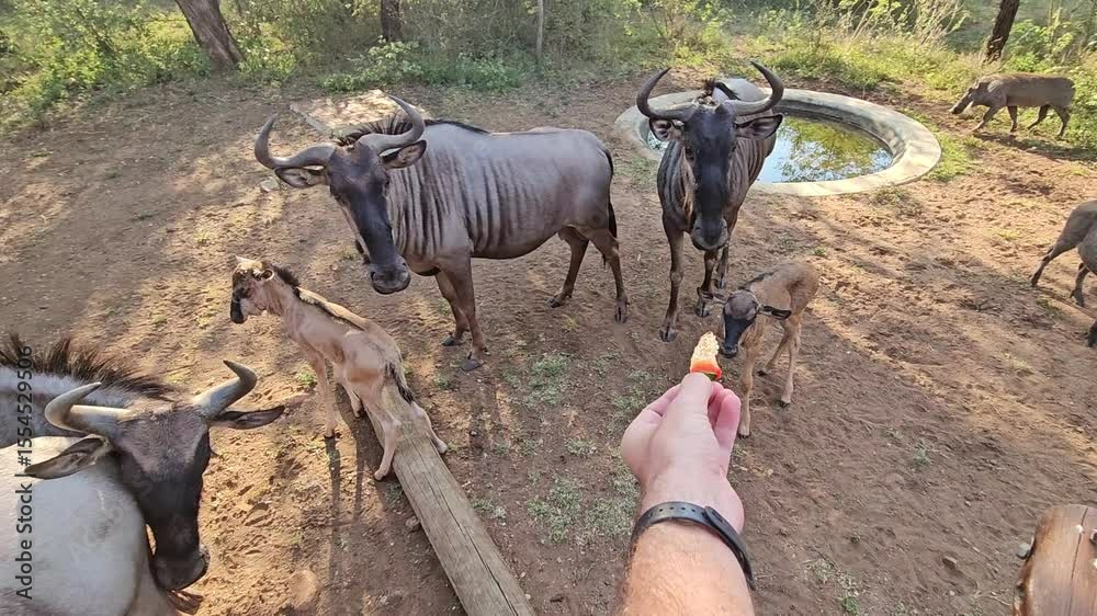Man is feeding a group of wild animals. The animals are a mix of ...