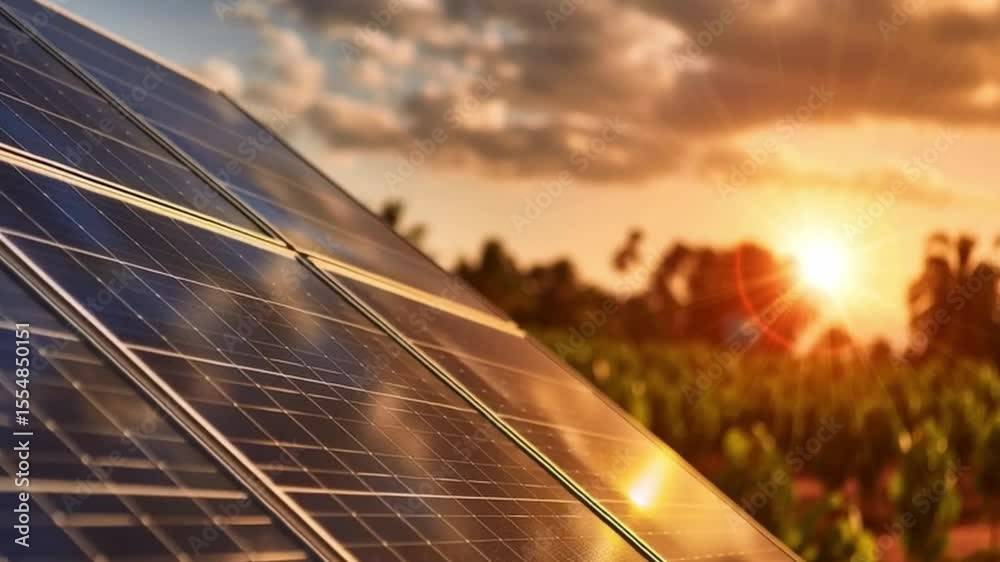 Solar Panels Reflecting Sunset Over Green Fields Vibrant Showcase of ...