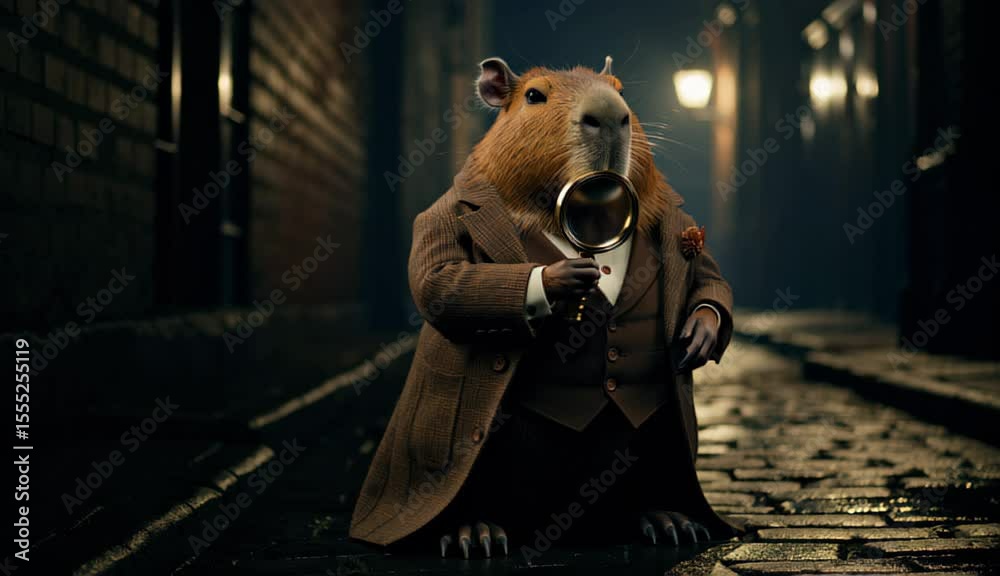 Capybara detective in vintage suit with magnifying glass, dark city ...
