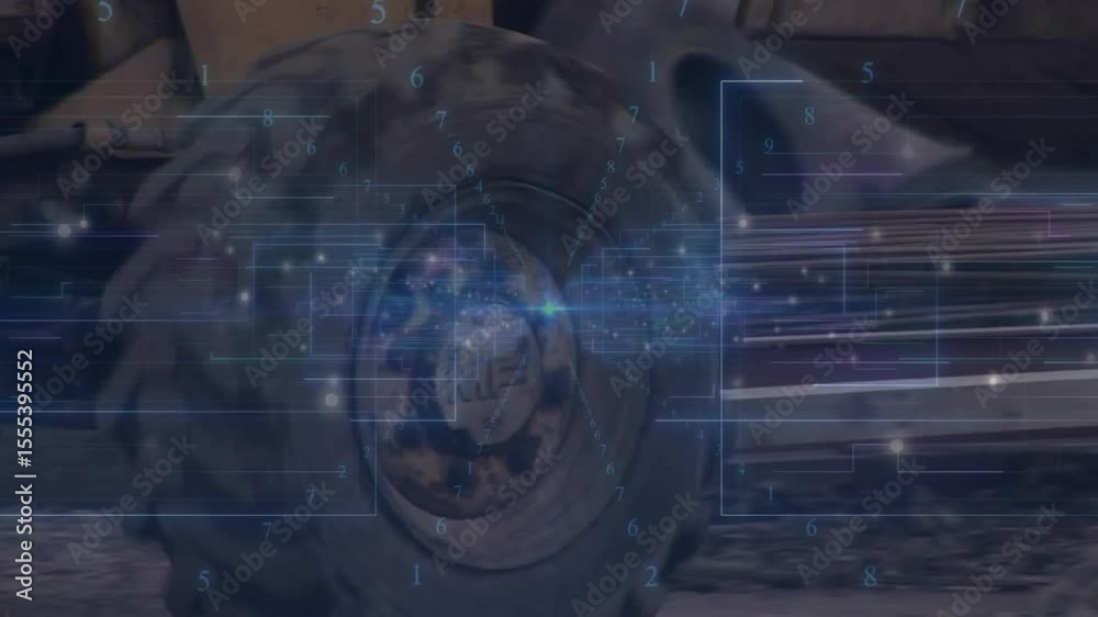 Digital overlay appearing on offroad wheel, scanning tread while ...
