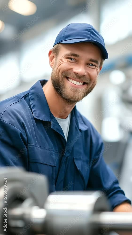 Skilled technician expertly swapping tools on a lathe in a bustling ...