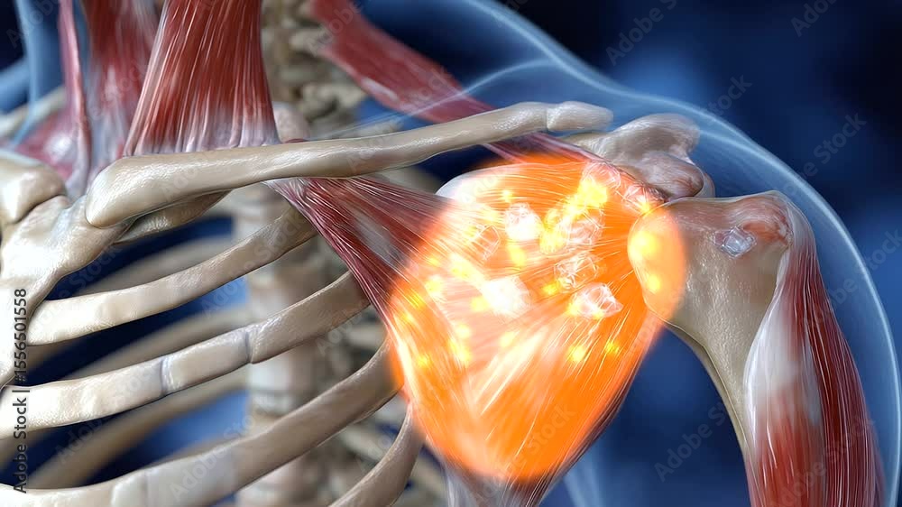 Detailed medical illustration of the human shoulder, showcasing the ...