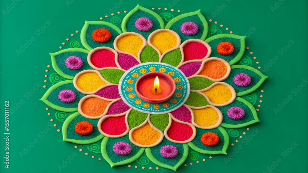 Vivid Diwali celebration shows a decorative rangoli design with bright ...