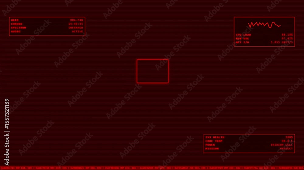 Red-tinted HUD with system boot sequence, data readouts, and target ...
