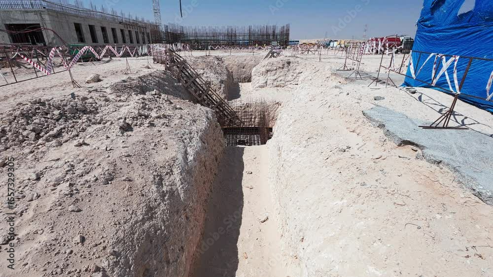 Wide-angle view of large excavation pit at active construction site ...