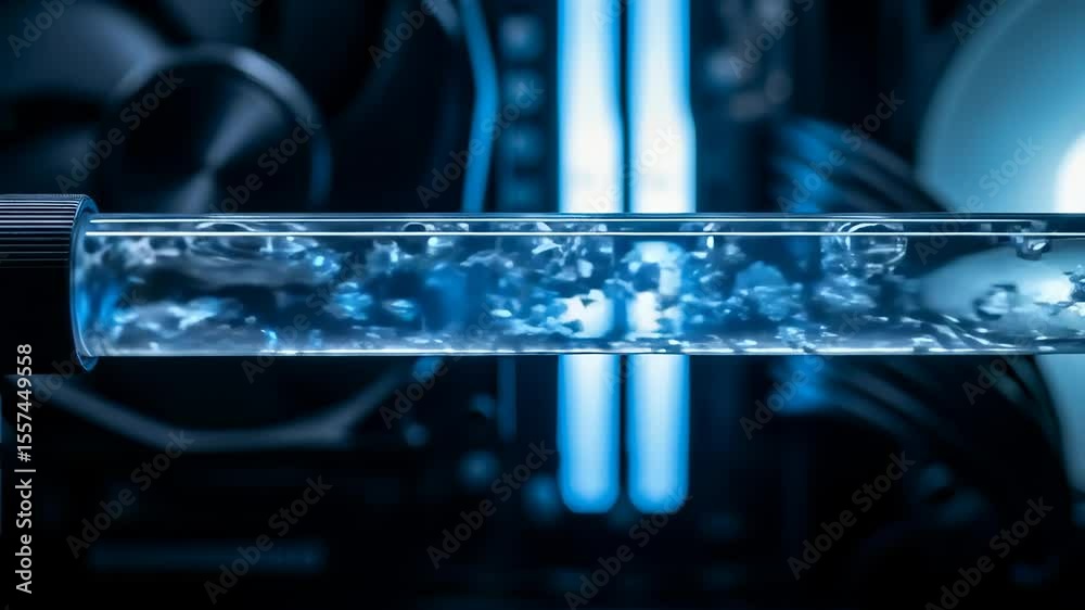 Blue-lit liquid cooling system with churning water and bubbles flowing ...