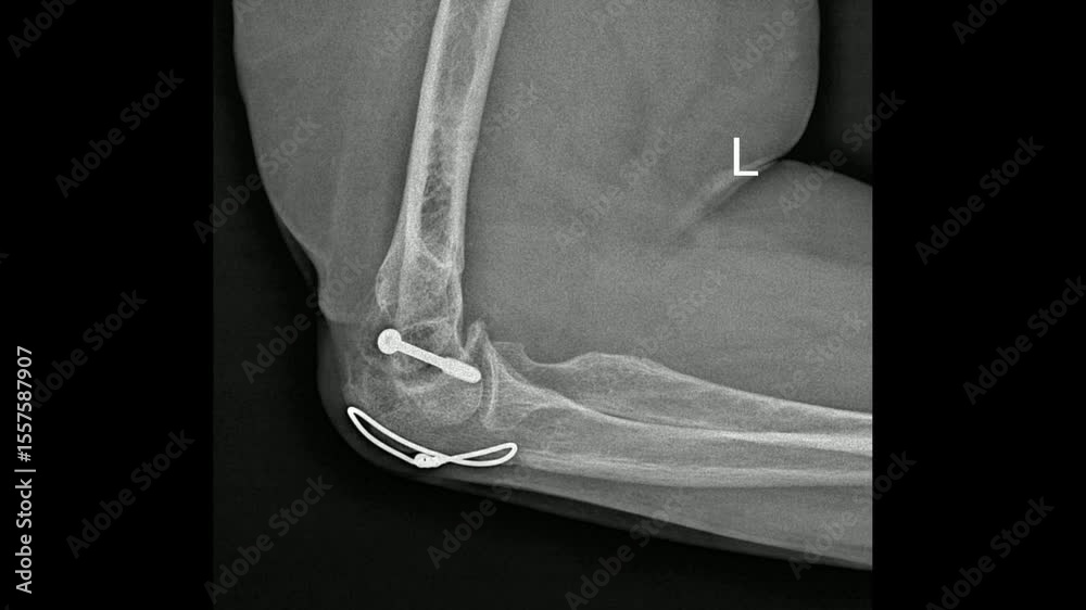 X-ray shows a left elbow with internal fixation of an olecranon ...