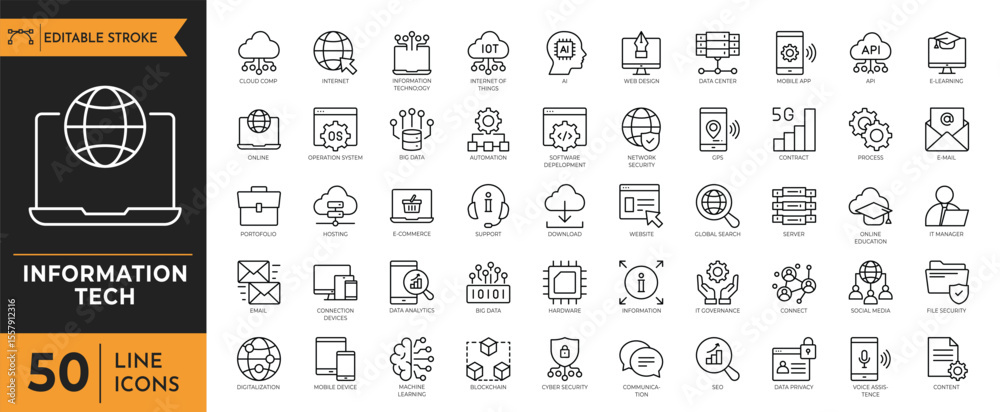 Information technology outline icon set. Containing IT network, data ...