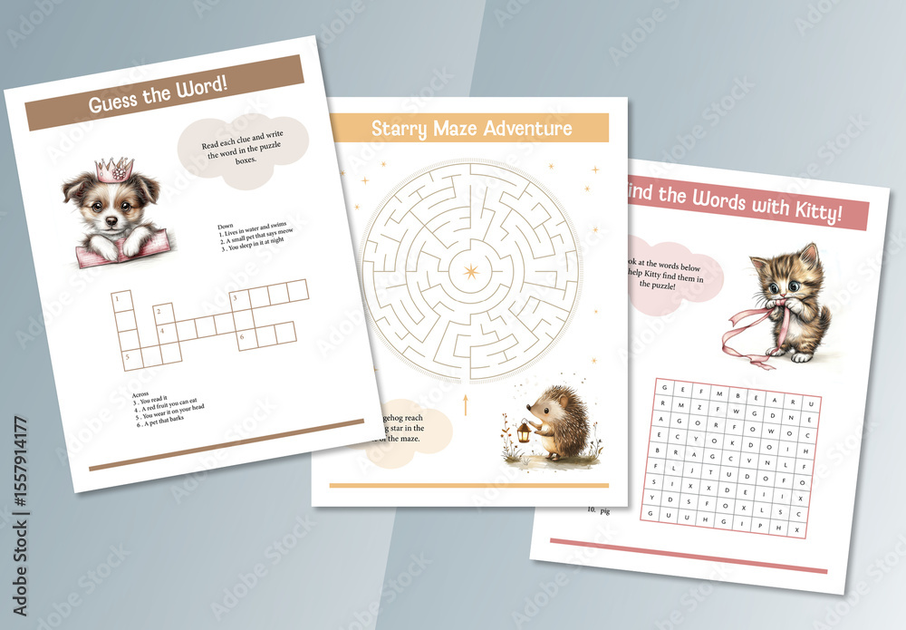 Kids Activity Worksheet Set with cute animals Stock Template | Adobe Stock