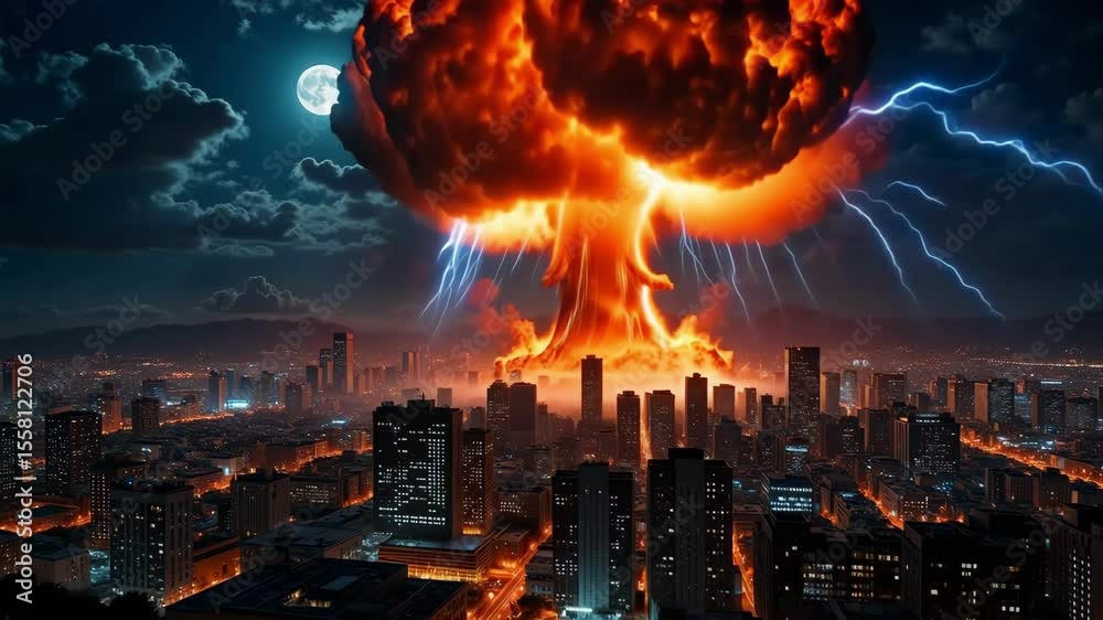 The twinkling city lights give way as a blinding nuclear explosion ...