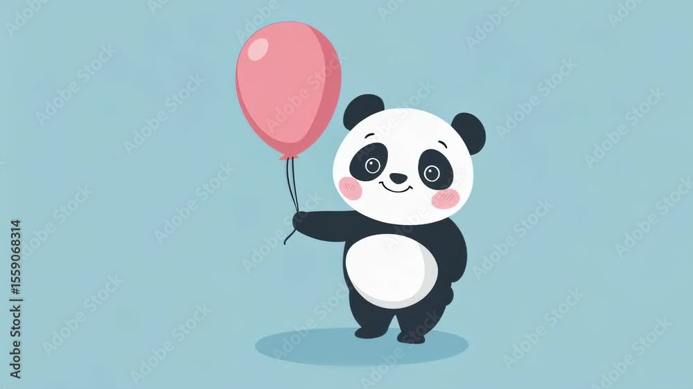 Cute panda joyfully floating with red balloon in playful animation ...
