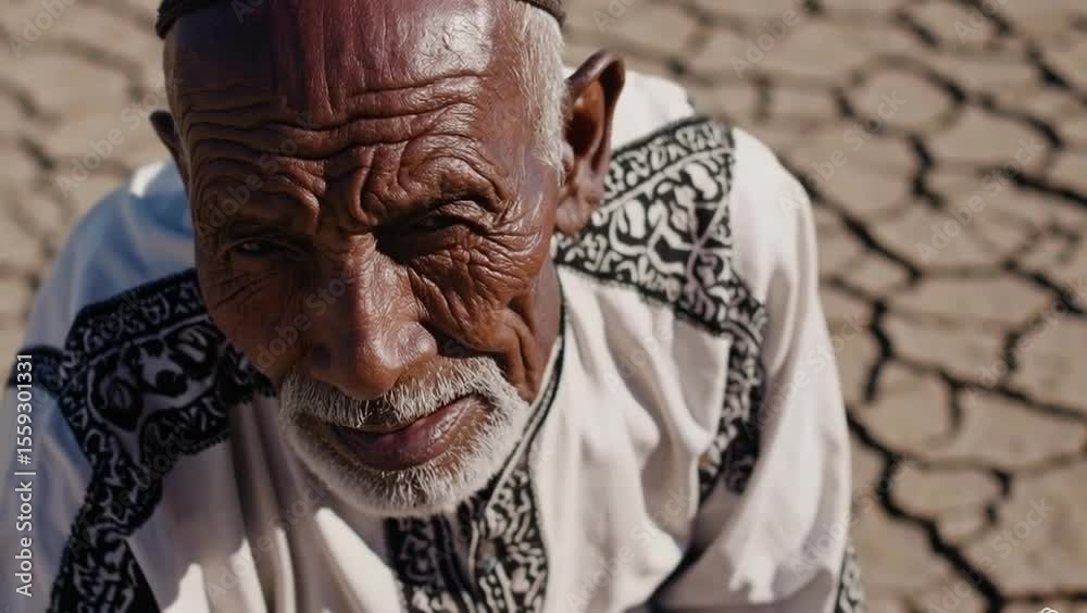 Elderly man in traditional clothing on cracked dry earth, drought and ...