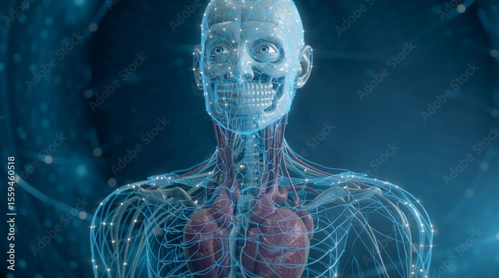 holographic schematic of the human body displaying complex neural ...