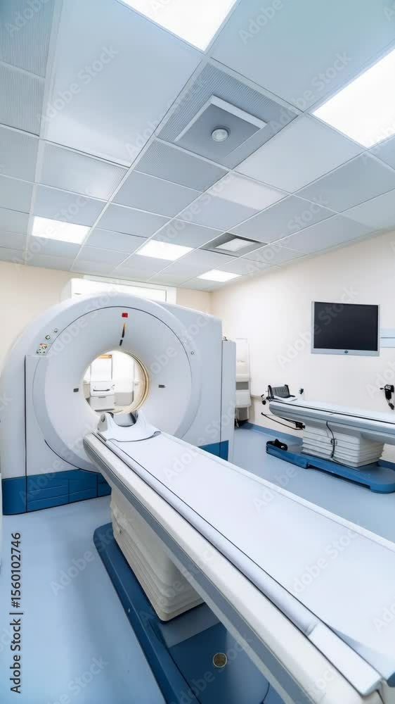 Brightly lit modern medical imaging room with CT scanner equipment ...