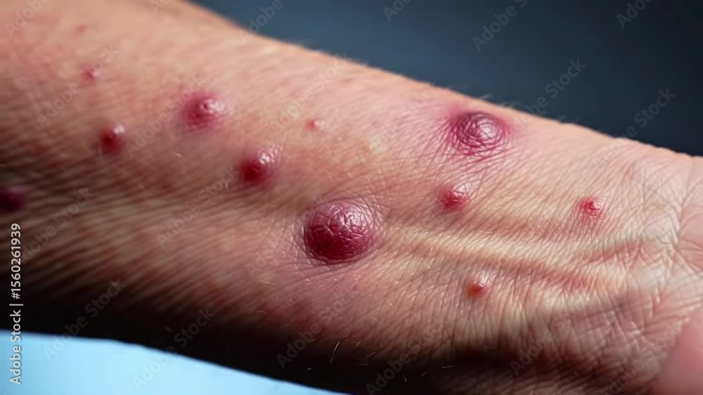 A close-up view of a human arm with multiple red, inflamed bumps and ...