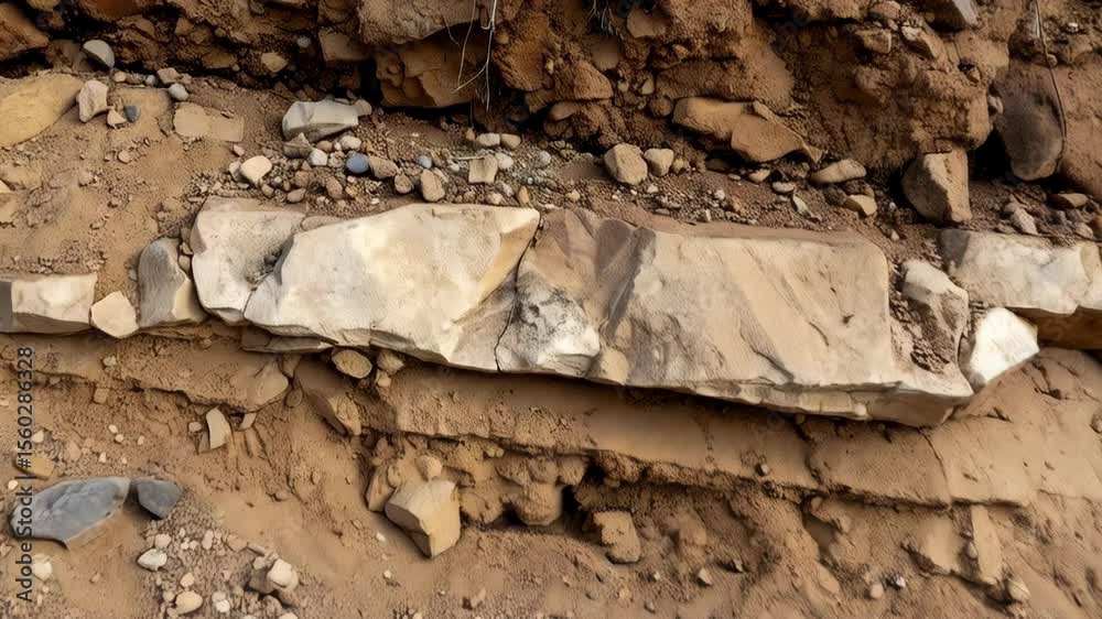 Sedimentary rock layers showing stratigraphy with visible pebbles and ...