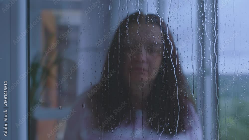 Unhappy elderly mature woman crying standing looking at window rain ...