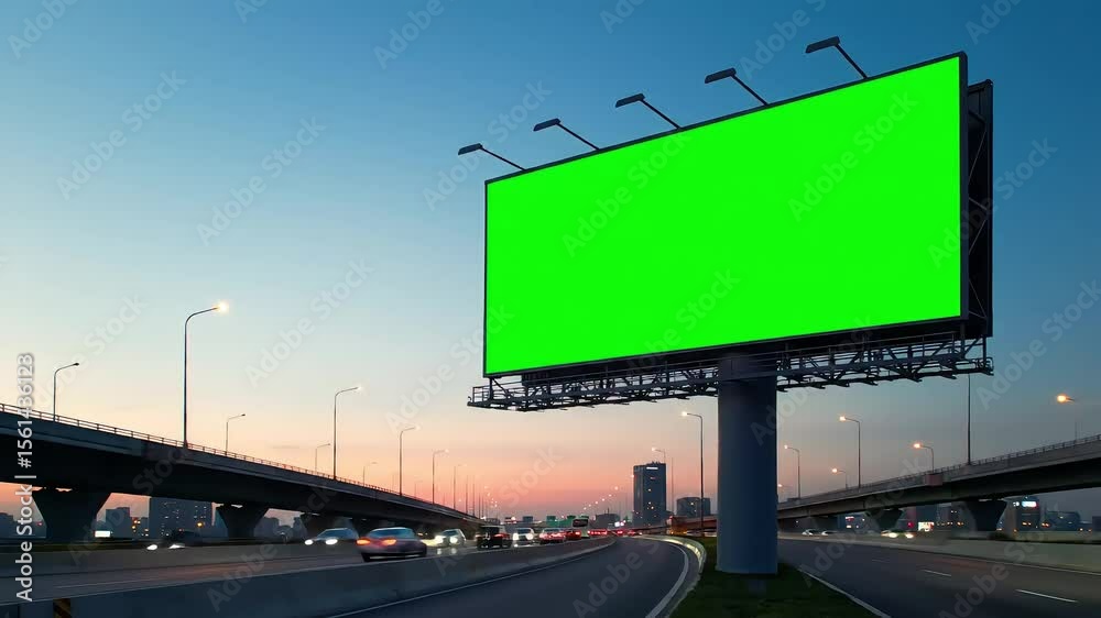 Billboard with Chroma Key Green Screen Above Traffic with Passing Cars ...