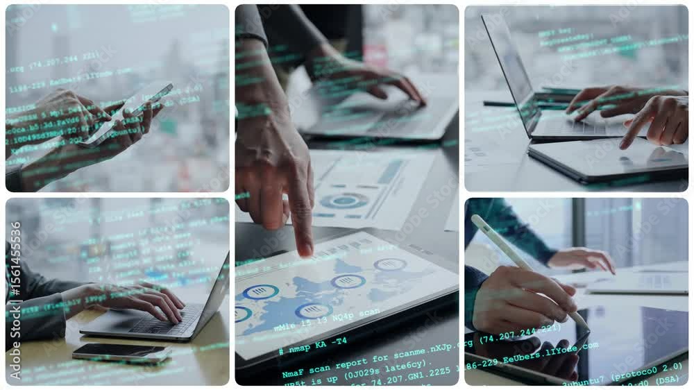 Collage footage of various digital device usage scenes and digital ...