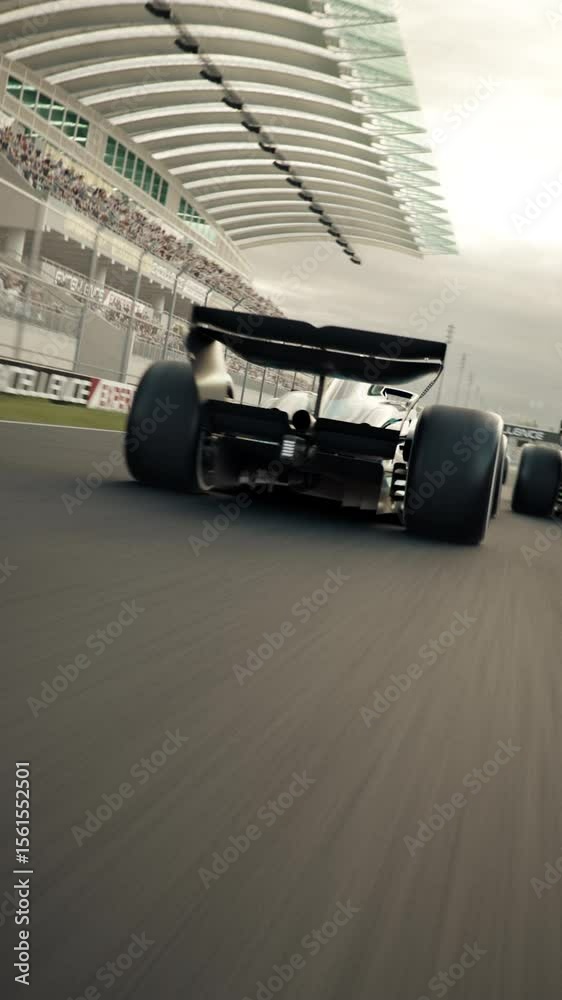 Dynamic high speed drone shot passing generic formula one race cars ...