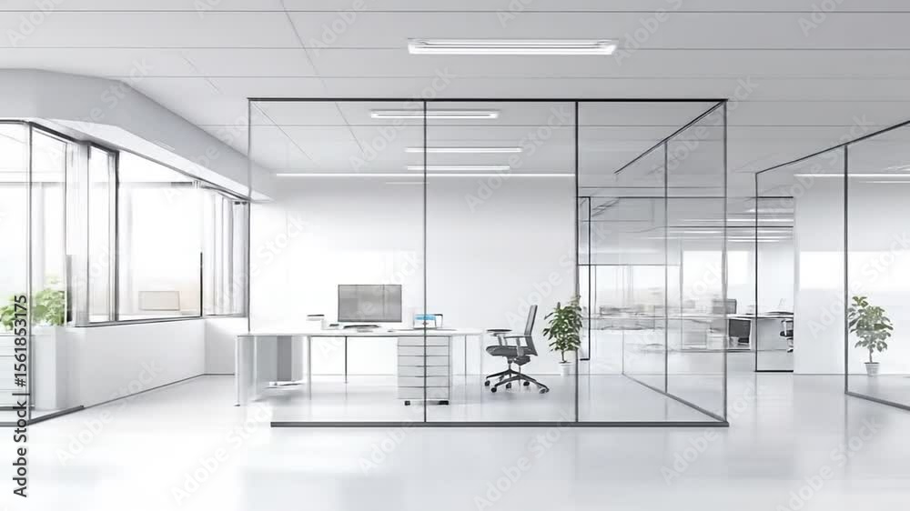 Modern, open-plan office space with glass partitions. Empty cubicles ...