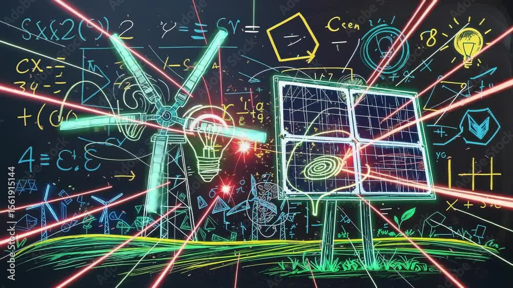 Red beams streaking across chalkboard powering wind turbine and solar ...