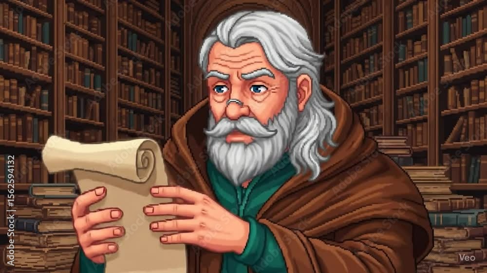 Pixel Art Animation: Elderly Scholar Reading a Scroll in a Grand ...