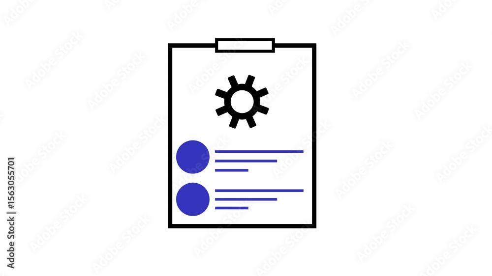 Animated checklist with gear icon representing settings and options on a white background ...