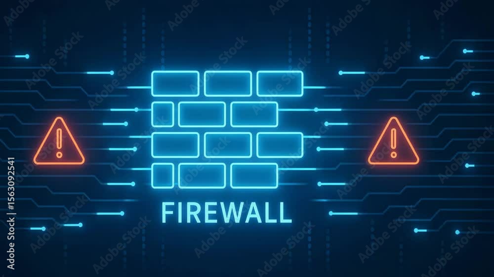 Digital illustration of a firewall security system, showing a glowing ...