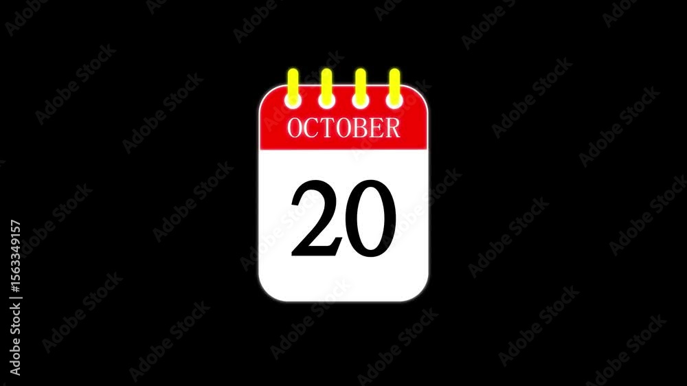 20 October Calendar Turning Page Animation Against BLACK Background in ...