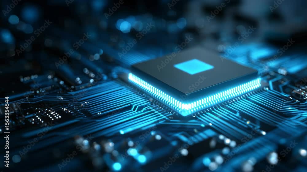 Circuit board with a central processing unit with futuristic neon blue ...