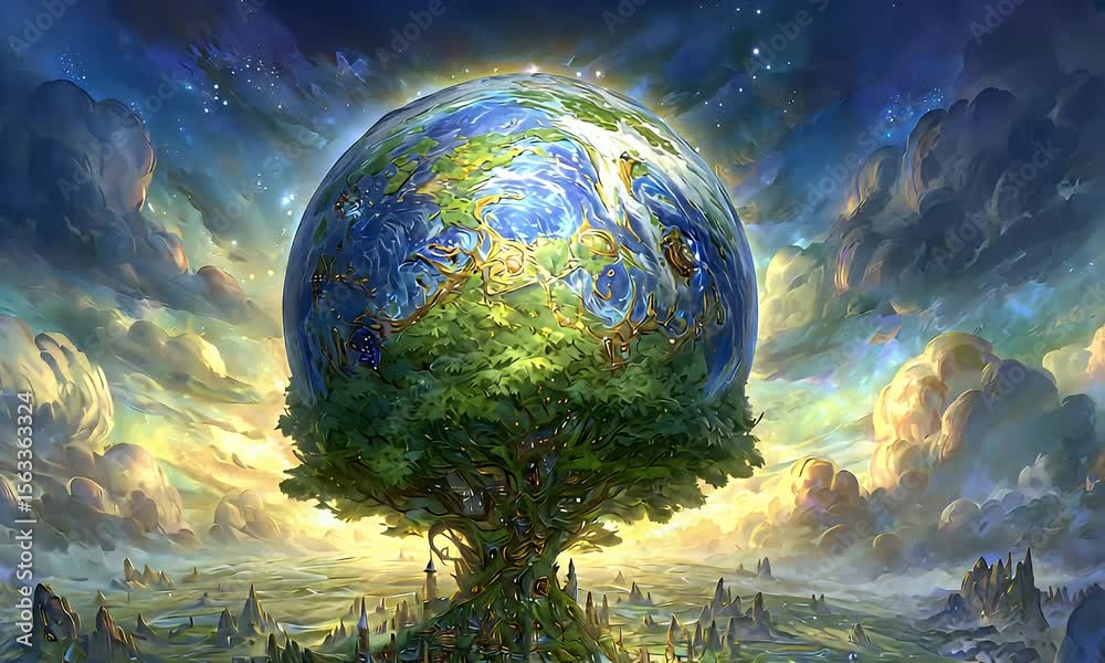 Fantasy World Tree: A Globe-Shaped Earth Supported by Ancient Roots and ...
