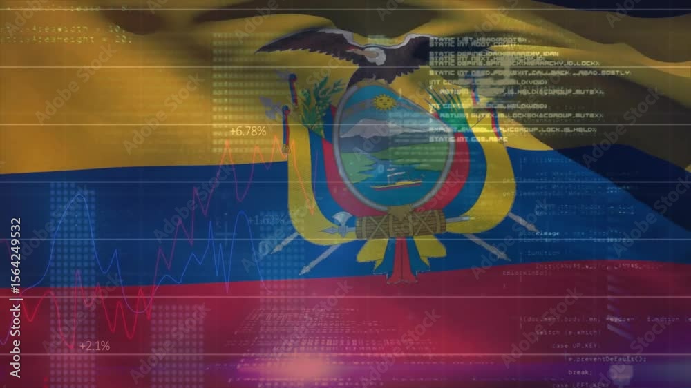 Zooming Ecuador flag waving with code, rotating crest and rising graphs ...