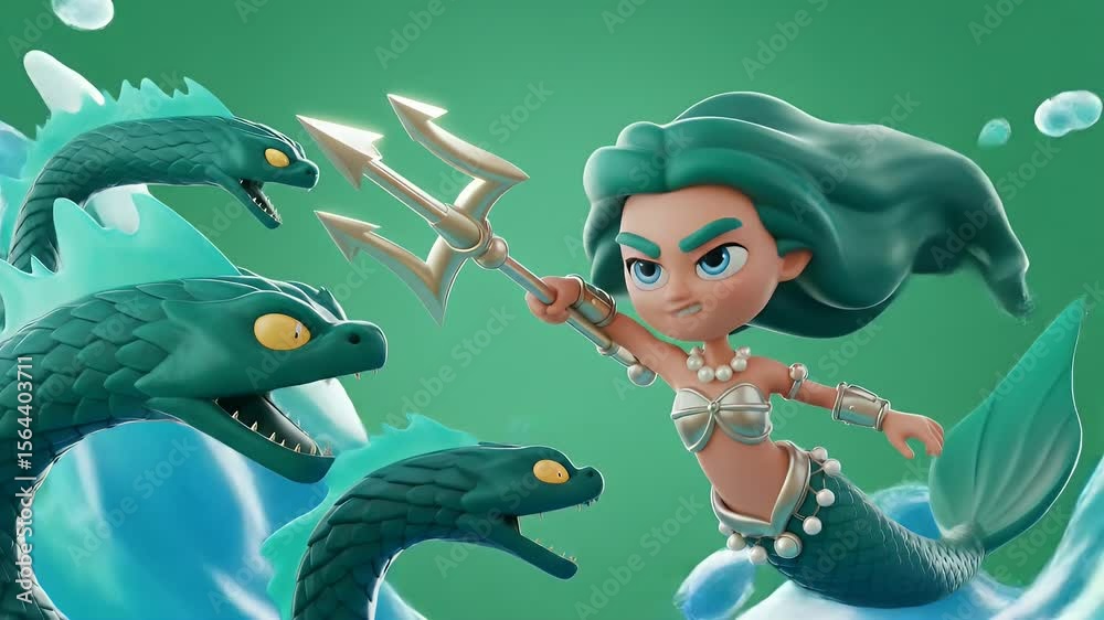 Humanoid Mermaid Character Wielding Trident Confronting Serpentine ...