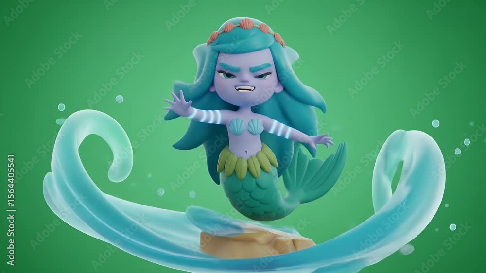Menacing 3D Mermaid Character with Blue Skin Teal Hair on Swirling ...