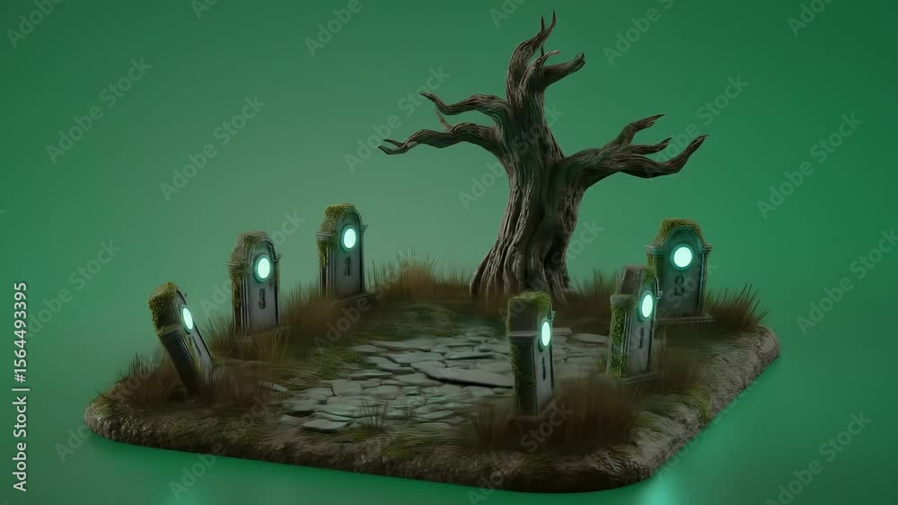 Voxel Cemetery Featuring Tombstones and Leafless Tree Isolated by Green Screen Background Ideal ...