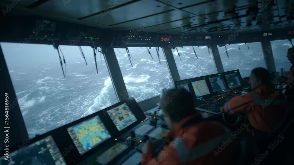 Two ship officers are navigating a vessel through rough seas ...