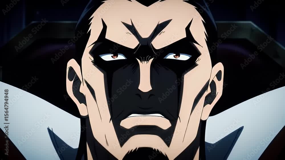 Anime styled face of a stern man with dark hair and brown eyes, intense ...
