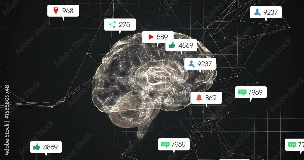 Grid animating rotating wireframe brain showing callouts updating and ...